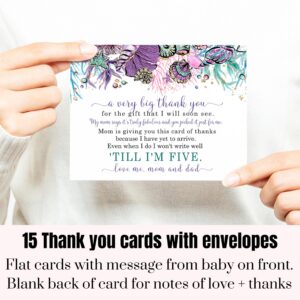 Enchanting Seashells Baby Thank You Cards, 15 Pack Cute Baby Shower Notes with Envelopes Set, Prefilled Message, Customizable and Personalize Blank Stationery Lilac Notecards Mermaid, New Parents Gift Ideas