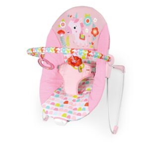 bright starts baby bouncer soothing vibrations infant seat - removable -toy bar, nonslip feet, 0-6 months up to 20 lbs (fancy fantasy, pink unicorn)