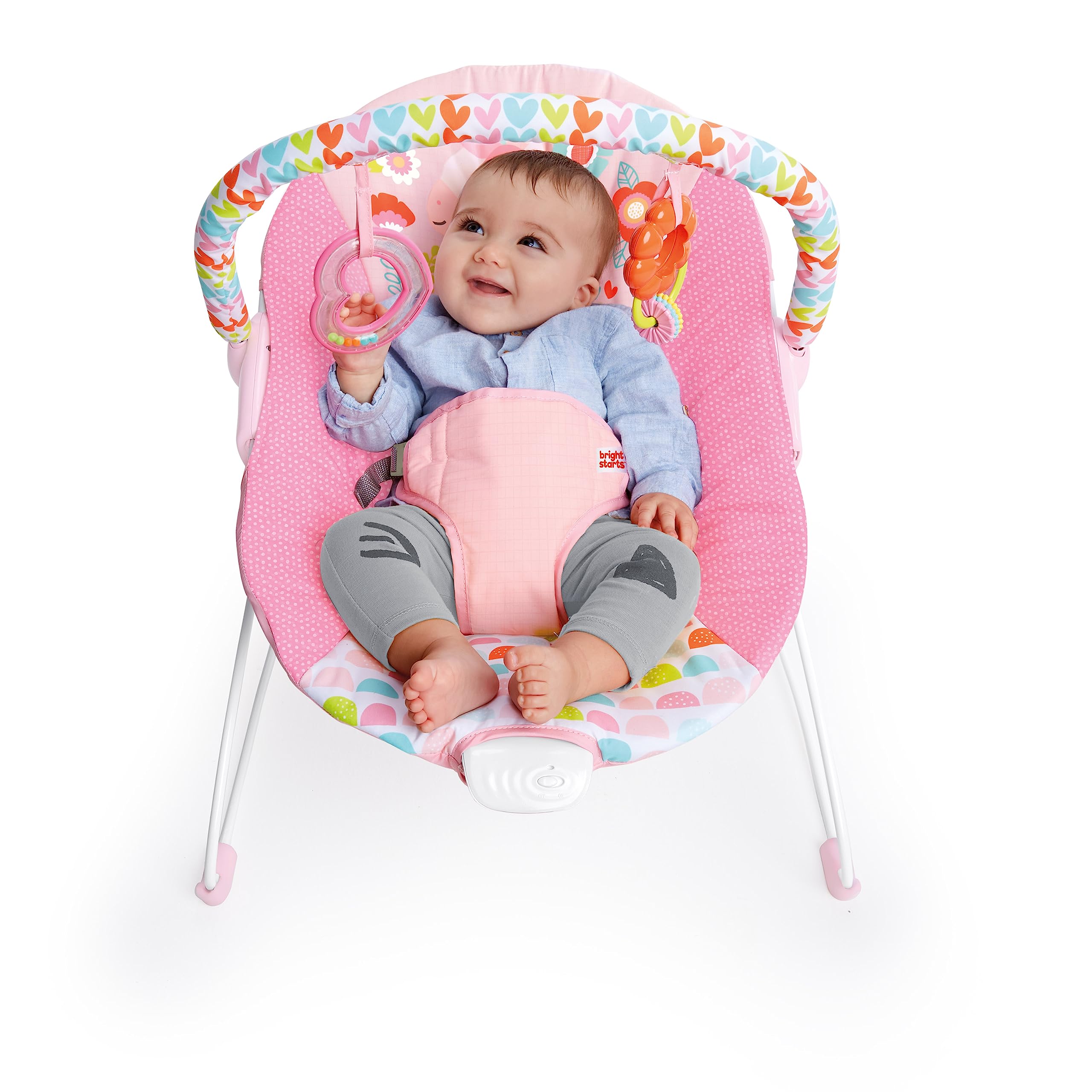 Bright Starts Baby Bouncer Soothing Vibrations Infant Seat - Removable -Toy Bar, Nonslip Feet, 0-6 Months Up to 20 lbs (Fancy Fantasy, Pink Unicorn)