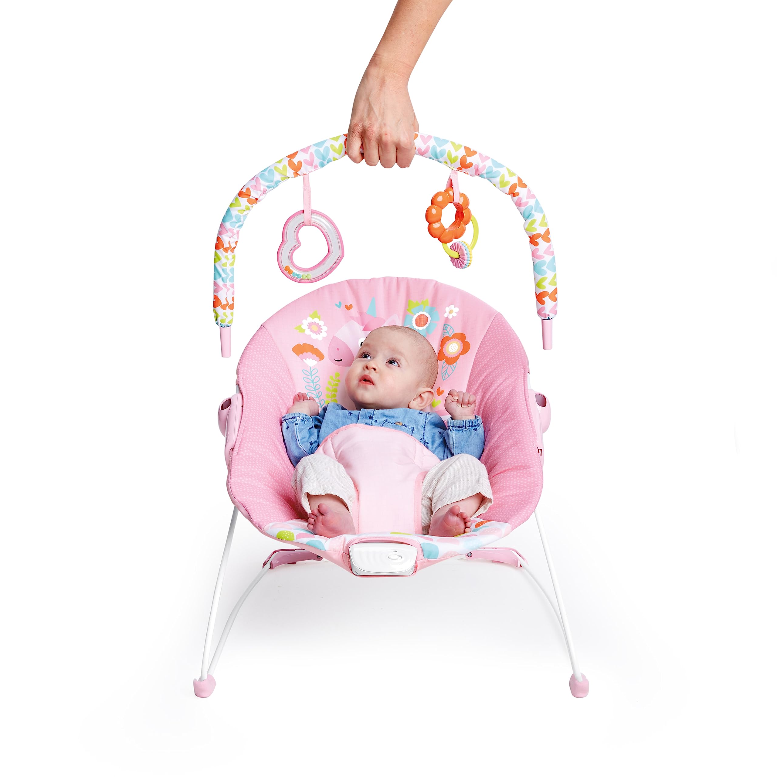 Bright Starts Baby Bouncer Soothing Vibrations Infant Seat - Removable -Toy Bar, Nonslip Feet, 0-6 Months Up to 20 lbs (Fancy Fantasy, Pink Unicorn)