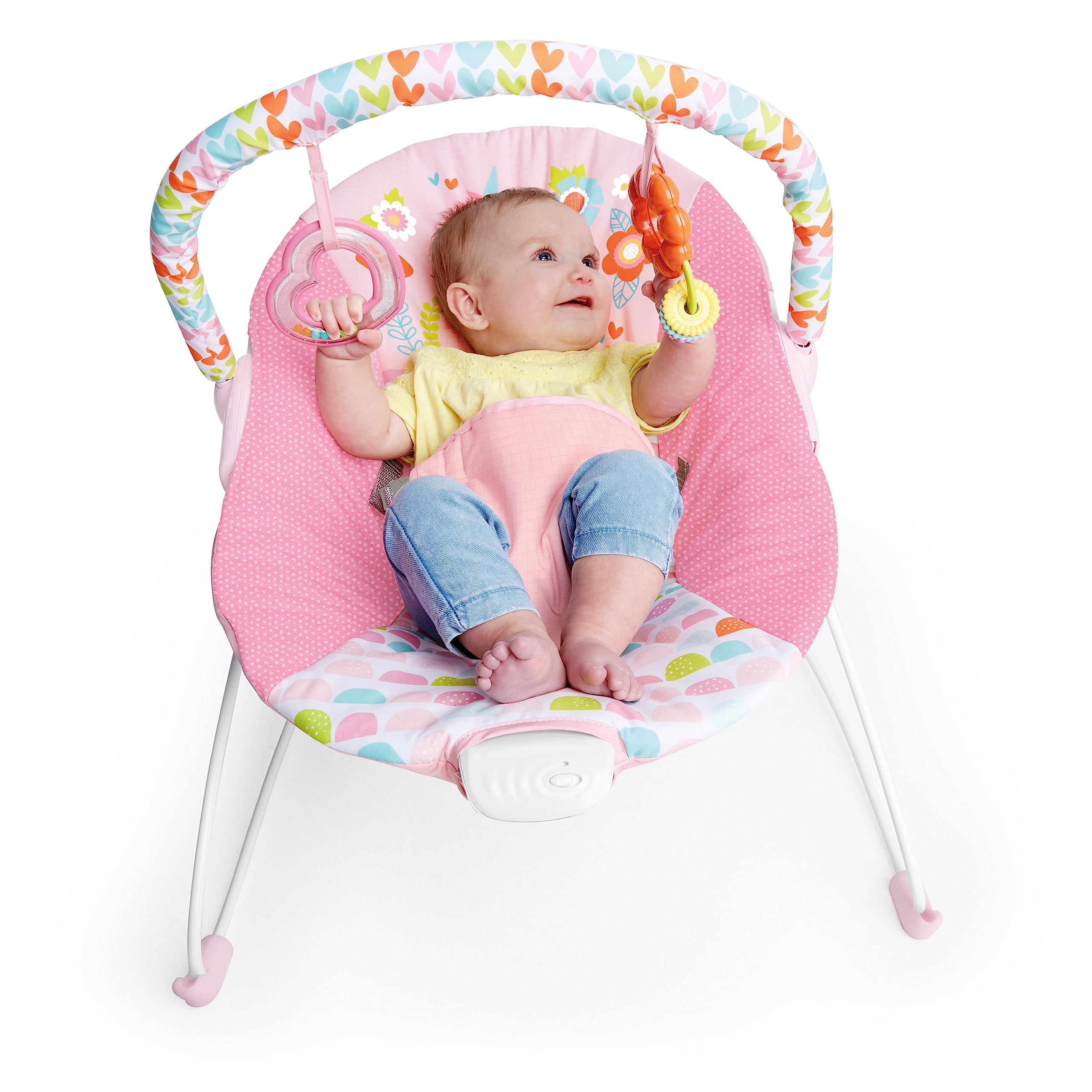 Bright Starts Baby Bouncer Soothing Vibrations Infant Seat - Removable -Toy Bar, Nonslip Feet, 0-6 Months Up to 20 lbs (Fancy Fantasy, Pink Unicorn)