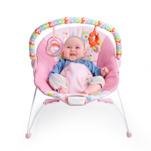 Bright Starts Baby Bouncer Soothing Vibrations Infant Seat - Removable -Toy Bar, Nonslip Feet, 0-6 Months Up to 20 lbs (Fancy Fantasy, Pink Unicorn)