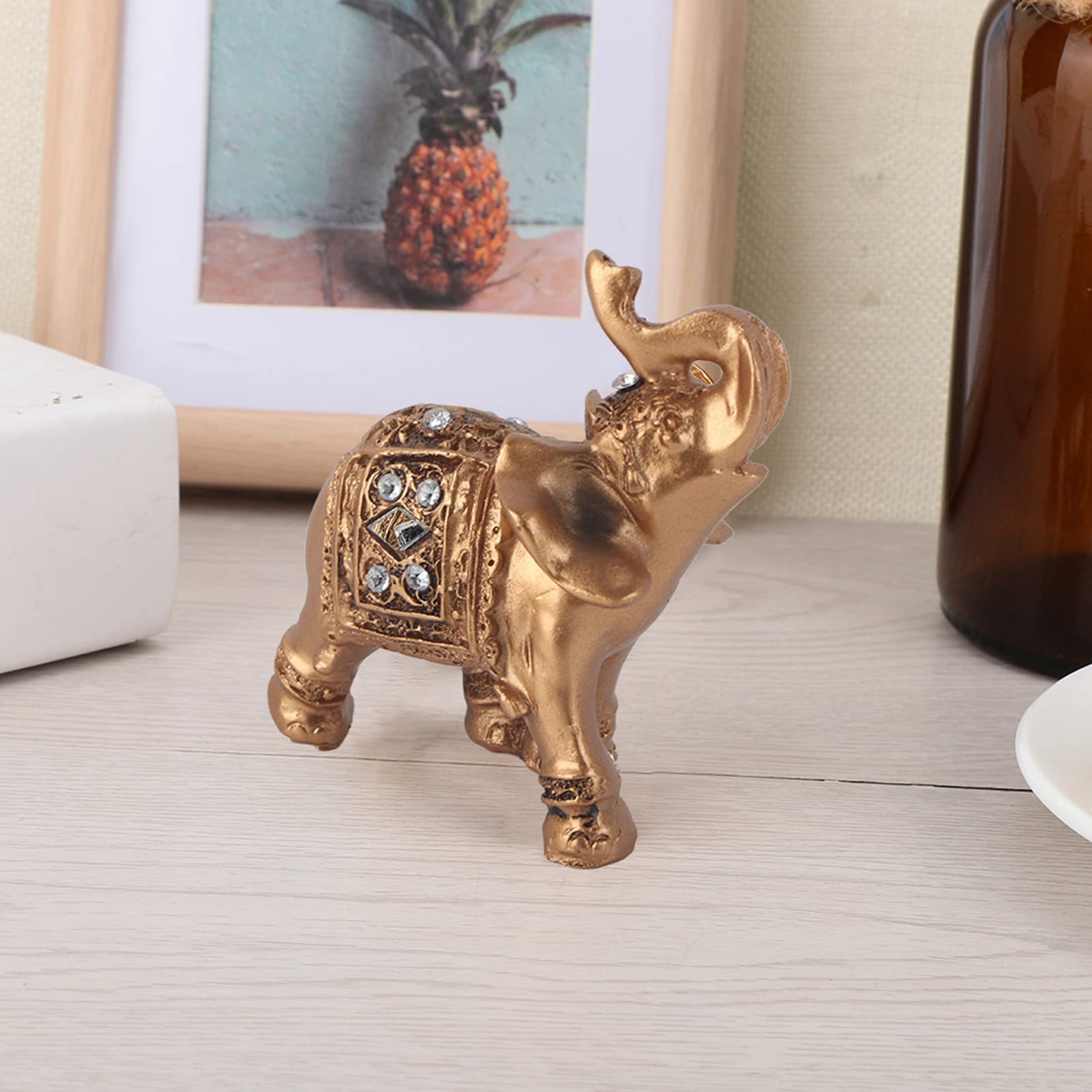 AUNMAS Gold Elephant Statue, Facing Upwards Elephant Figurine with Trunk Up Collectible Sculpture Decoration for Lucky Feng Shui Wealth Home Decor Good Luck, 3.54inch