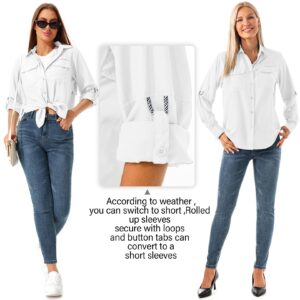 Women's Quick Dry Sun UV Protection Convertible Long Sleeve Shirts for Hiking Camping Fishing Sailing (5026 White L)