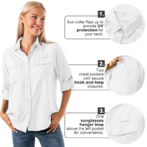 Women's Quick Dry Sun UV Protection Convertible Long Sleeve Shirts for Hiking Camping Fishing Sailing (5026 White L)