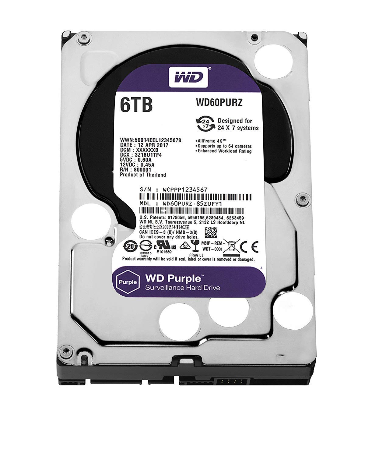 Western Digital 6TB WD Purple Surveillance Internal Hard Drive SATA 6Gb/s, 64MB Cache, 3.5 - WD60PURZ (Renewed)