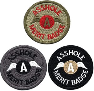 colibrox 3 pack asshole merit badge funny patch embroidered military morale tactical patches hook & loop backing emblem (2.48” in diameter)