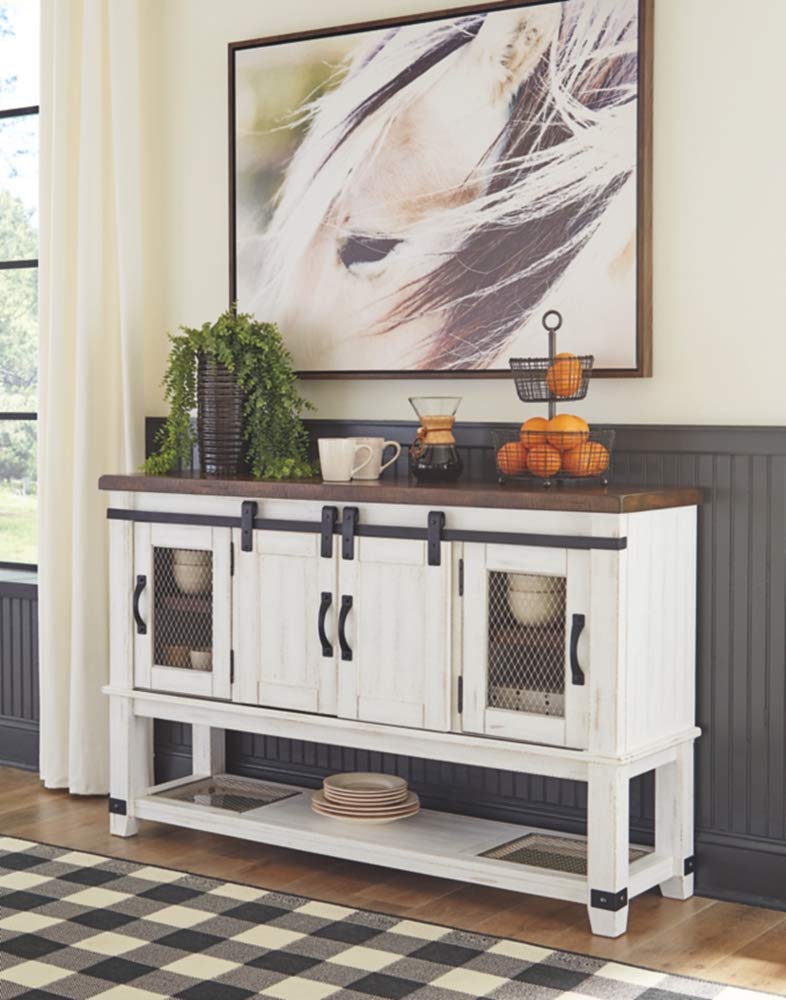 Signature Design by Ashley Valebeck Farmhouse Dining Room Server or Buffet, White & Brown