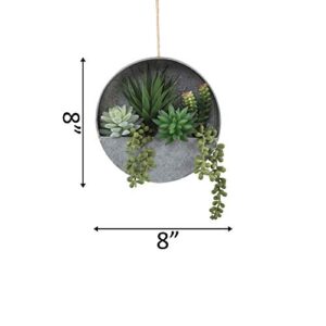 Flora Bunda Modern Artificial Succulent in 8 inch Hanging Galvanized Tin Wall Planter, Boho Wall Decor, Hanging Fake Plants Cactus for Home, Office