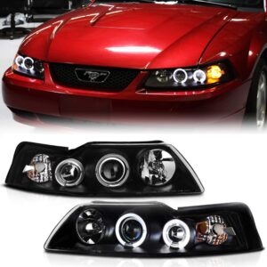 acanii - for 1999-2004 ford mustang led halo ring black housing projector headlights headlamps, driver & passenger side