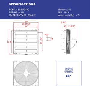 iLiving 24" Shutter Exhaust Fan with Wireless Smart Remote Controlled Thermostat and Humidity, Variable Speed Wall Mounted Attic Vent Fan, Chicken Coop Ventilation, 4244 CFM, 6200 SQF Coverage Area