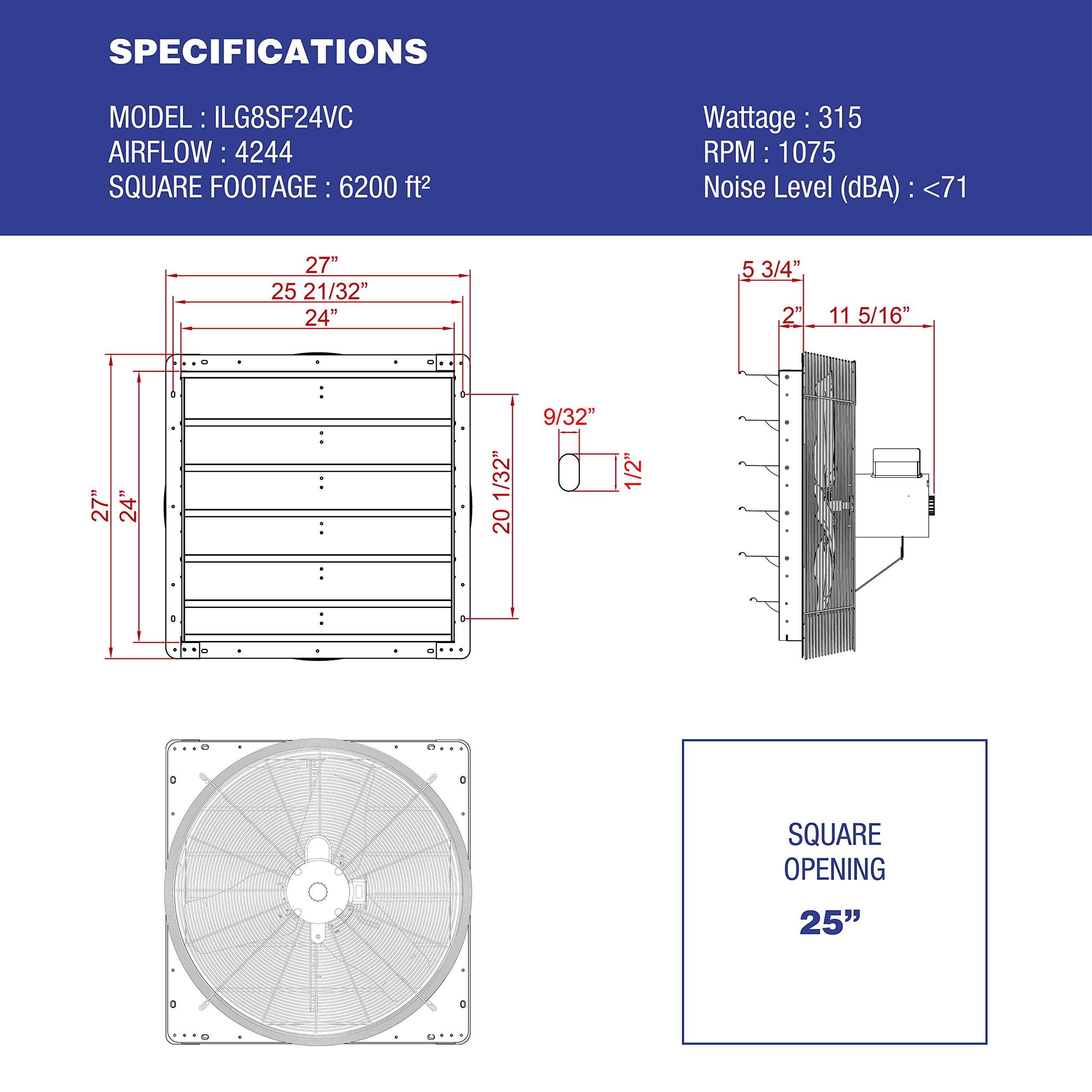 iLiving 24" Shutter Exhaust Fan with Wireless Smart Remote Controlled Thermostat and Humidity, Variable Speed Wall Mounted Attic Vent Fan, Chicken Coop Ventilation, 4244 CFM, 6200 SQF Coverage Area