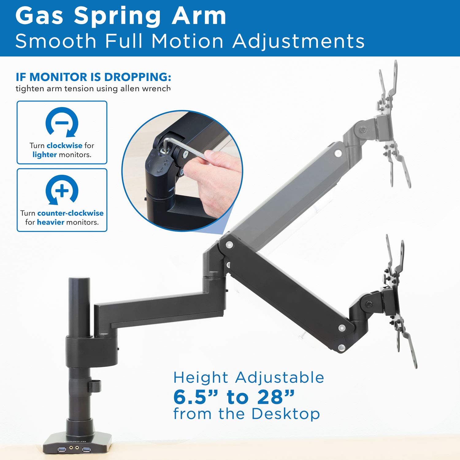 Mount-It! Ultrawide Monitor Desk Mount, Single Monitor Mount for Heavy Monitors Up to 35 Inch and 33 Lbs, VESA 100, 200 mm Compatible, Height Adjustable Gas Spring Arm 2 x USB 3.0 and Audio Port