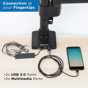 Mount-It! Ultrawide Monitor Desk Mount, Single Monitor Mount for Heavy Monitors Up to 35 Inch and 33 Lbs, VESA 100, 200 mm Compatible, Height Adjustable Gas Spring Arm 2 x USB 3.0 and Audio Port