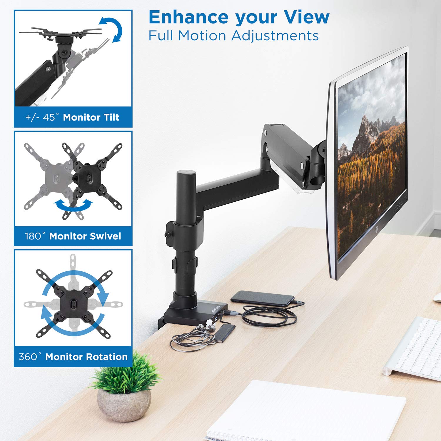 Mount-It! Ultrawide Monitor Desk Mount, Single Monitor Mount for Heavy Monitors Up to 35 Inch and 33 Lbs, VESA 100, 200 mm Compatible, Height Adjustable Gas Spring Arm 2 x USB 3.0 and Audio Port