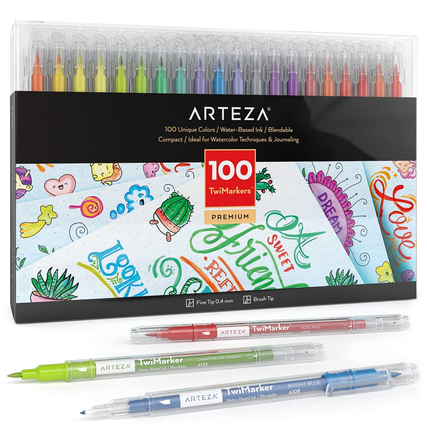 ARTEZA Dual Tip Brush Markers, Set of 100, Art Markers with Fine and Brush Tips, Dual Tip Pens for Adult Coloring, Calligraphy, Sketching, Doodling