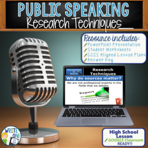 public speaking, speech and debate resource lesson for “research techniques” - activity with powerpoint, student worksheets, detailed lesson plans, and google classroom links - high school