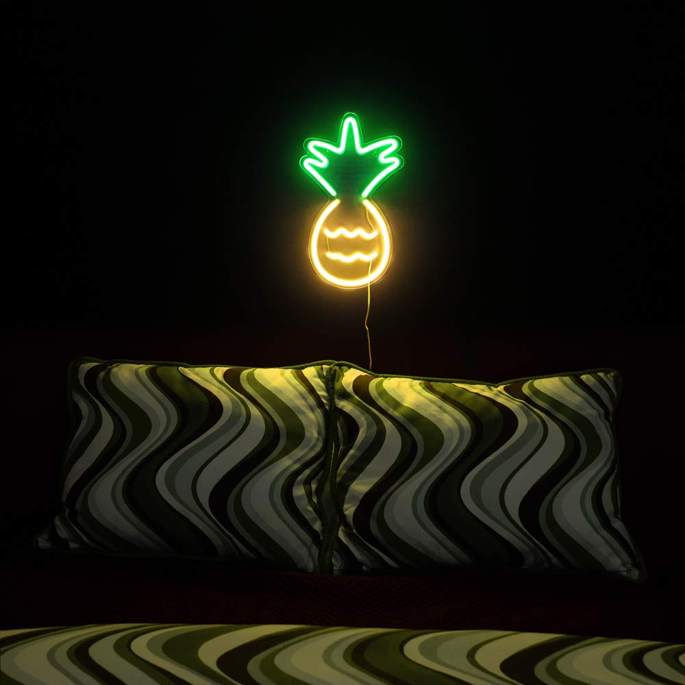 Isaac Jacobs 17” x 10” inch LED Neon ‘Yellow & Green Pineapple’ Wall Sign for Cool Light, Wall Art, Bedroom Decorations, Home Accessories, Party, and Holiday Décor: Powered by USB Wire (PINEAPPLE)