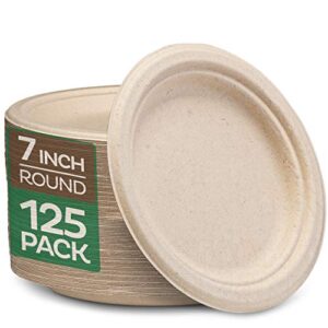 Paper Plates, 100% Compostable Heavy Duty, Disposable 7 Inch, Small Dessert Plate - [125-Pack] - {PFAS-Free} - {BPI Certified} Eco-Friendly, Biodegradable Bagasse Natural Brown 7" Small Plates