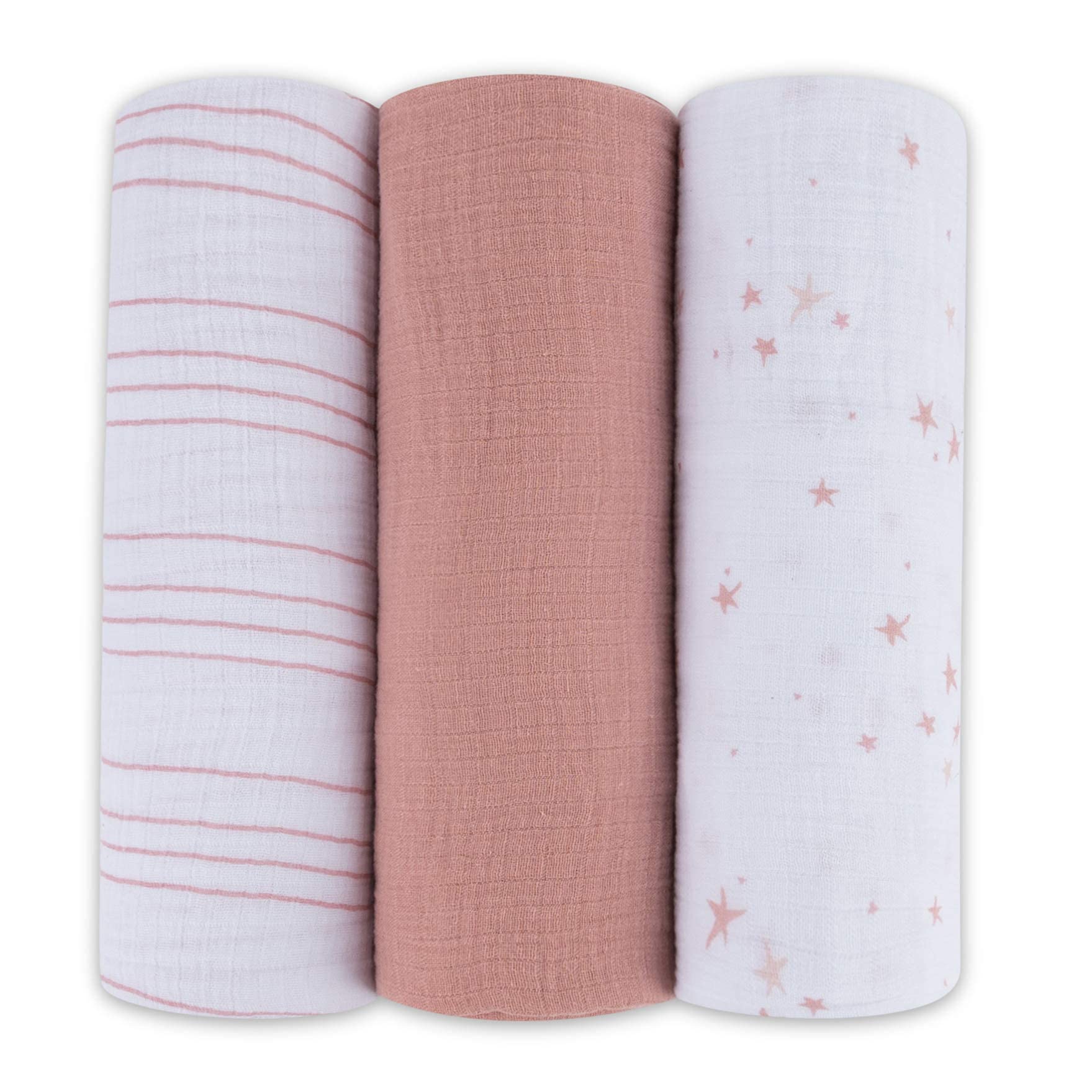 Ely's & Co. Muslin Swaddle Blanket 3-Pack for Baby Girl — 100% Cotton Muslin Extra-Large Swaddle Blankets (47” x 47”) — (Mauve Pink Stars │ Solid Dusty Rose │ Dusty Rose Stripes)