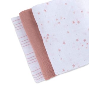 Ely's & Co. Muslin Swaddle Blanket 3-Pack for Baby Girl — 100% Cotton Muslin Extra-Large Swaddle Blankets (47” x 47”) — (Mauve Pink Stars │ Solid Dusty Rose │ Dusty Rose Stripes)