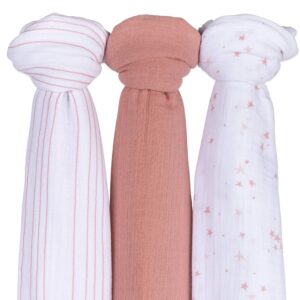 Ely's & Co. Muslin Swaddle Blanket 3-Pack for Baby Girl — 100% Cotton Muslin Extra-Large Swaddle Blankets (47” x 47”) — (Mauve Pink Stars │ Solid Dusty Rose │ Dusty Rose Stripes)