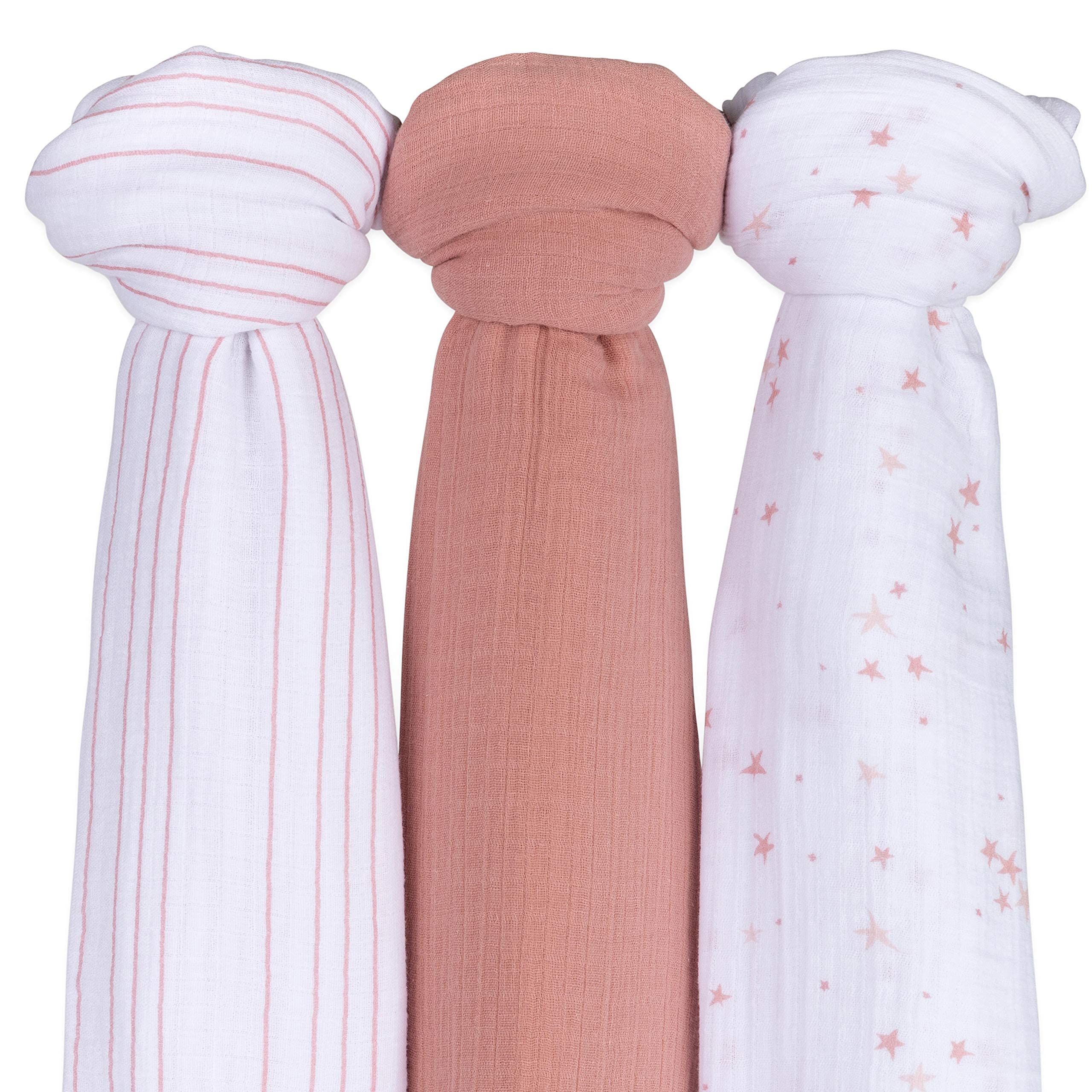 Ely's & Co. Muslin Swaddle Blanket 3-Pack for Baby Girl — 100% Cotton Muslin Extra-Large Swaddle Blankets (47” x 47”) — (Mauve Pink Stars │ Solid Dusty Rose │ Dusty Rose Stripes)