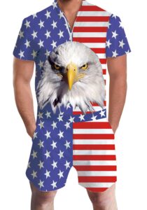 raisevern men's rompers male zipper jumpsuit shorts flag independence day 4th of july one piece romper slim fit bro short sleeve shirt outfits