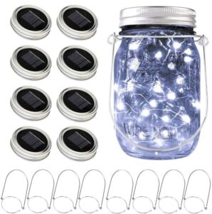 solar mason jar lights, 8 pack 15 led waterproof fairy firefly jar lids string lights with hangers(no jars), patio yard garden wedding easter decoration - cool white