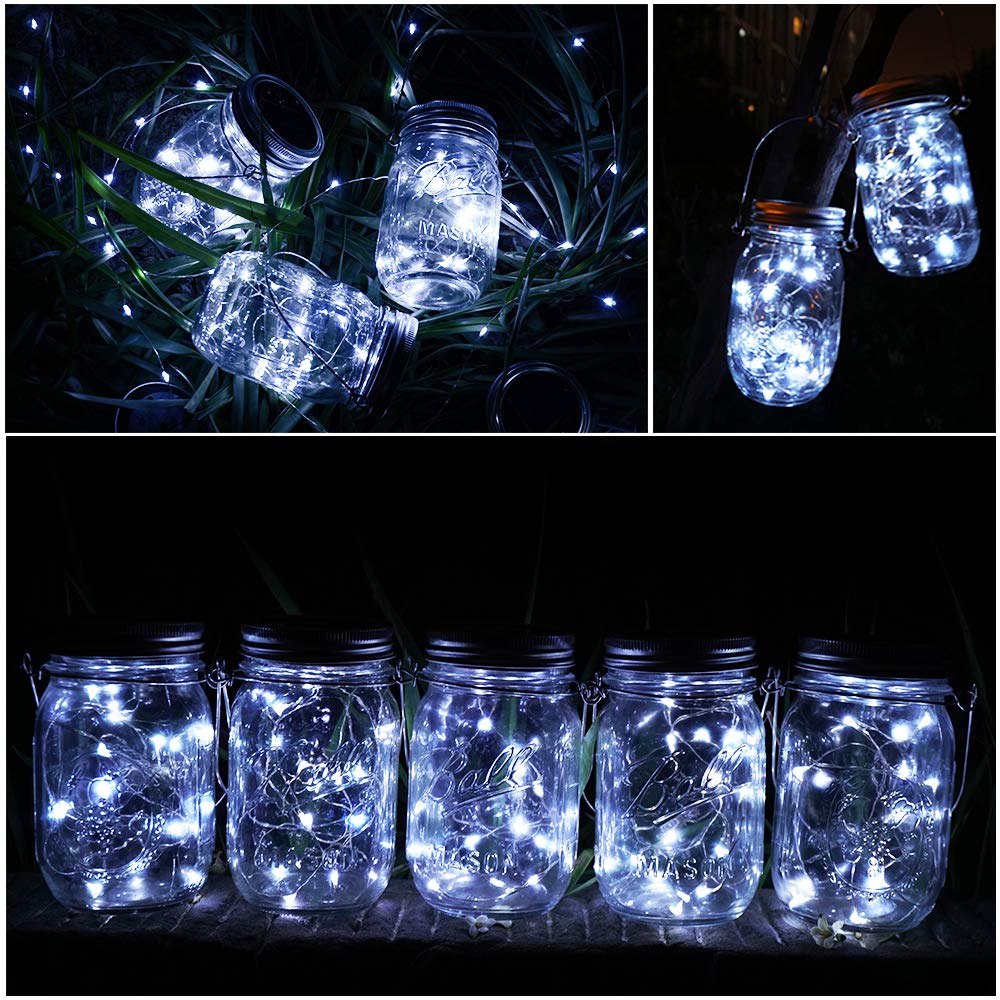 Solar Mason Jar Lights, 8 Pack 15 LED Waterproof Fairy Firefly Jar Lids String Lights with Hangers(NO Jars), Patio Yard Garden Wedding Easter Decoration - Cool White