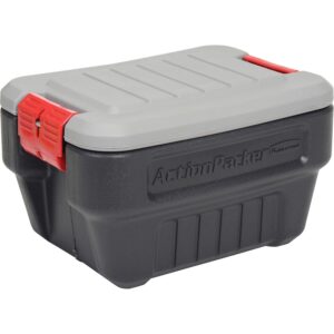 rubbermaid® actionpacker®️ 8 gal lockable storage box pack of 4, outdoor, industrial, rugged, grey and black