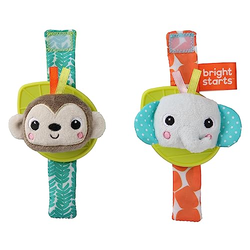 Bright Starts Rattle & Teethe Wrist Pals Toy - Monkey & Elephant, Newborn +