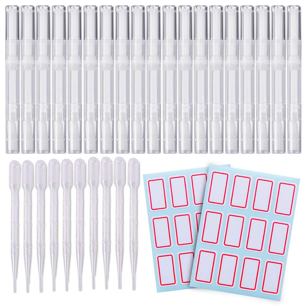 20 PCS Cuticle Oil Pens Transparent Twist Pens Cosmetic Container Empty Cuticle Nail Oil Pen With Brush Tip Lip Gloss Twist Pens Refillable Eyelash Growth Liquid Tube 10 Transfer Pipettes 2 Stickers