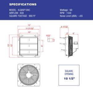 iLiving 10" Shutter Exhaust Fan with Wireless Smart Remote Controlled Thermostat and Humidity, Variable Speed Wall Mounted Attic Vent Fan, Chicken Coop Ventilation, 820 CFM, 1200 SQF Coverage Area