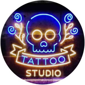 advpro tattoo studio skull display wall décor dual color led neon sign blue & yellow 12" x 8.5" st6s32-i2297-by