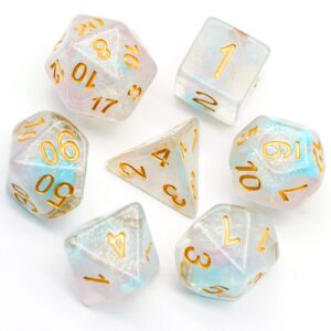 udixi glitter dnd dice set, 7-die polyhedral dice iridecent swirls dice for role playing game dungeons and dragons, d&d dice, (pink &cyan)