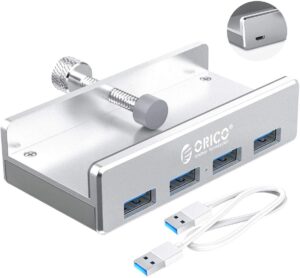 orico usb 3.0 hub clamp adapter, aluminum 4-port usb splitter with extra power supply port and 4.92 ft usb data cable, ultra-portable usb expander for 2021 imac/laptop/pc