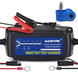 adpow 5a 12v automatic smart battery charger automotive maintainer 7-stages trickle charger for deep cycle battery car marine trolling motor boat truck lawn mower rv agm with terminal cleaning brush