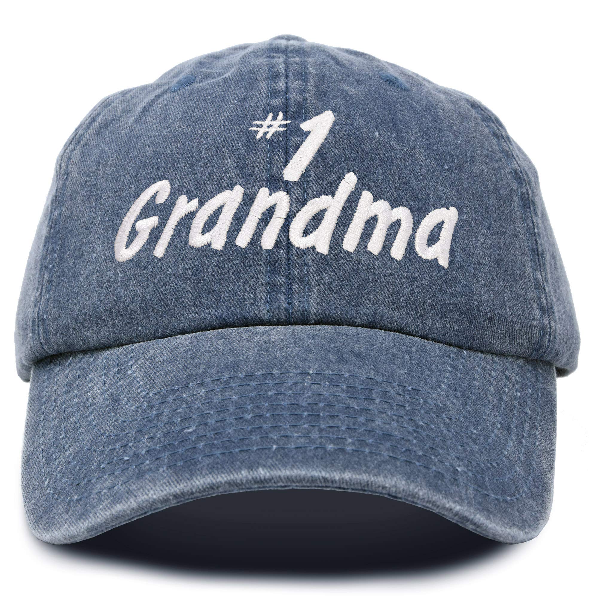 DALIX Number 1 Grandma Hat Gift Washed Cotton Baseball Cap in Washed Denim Navy Blue