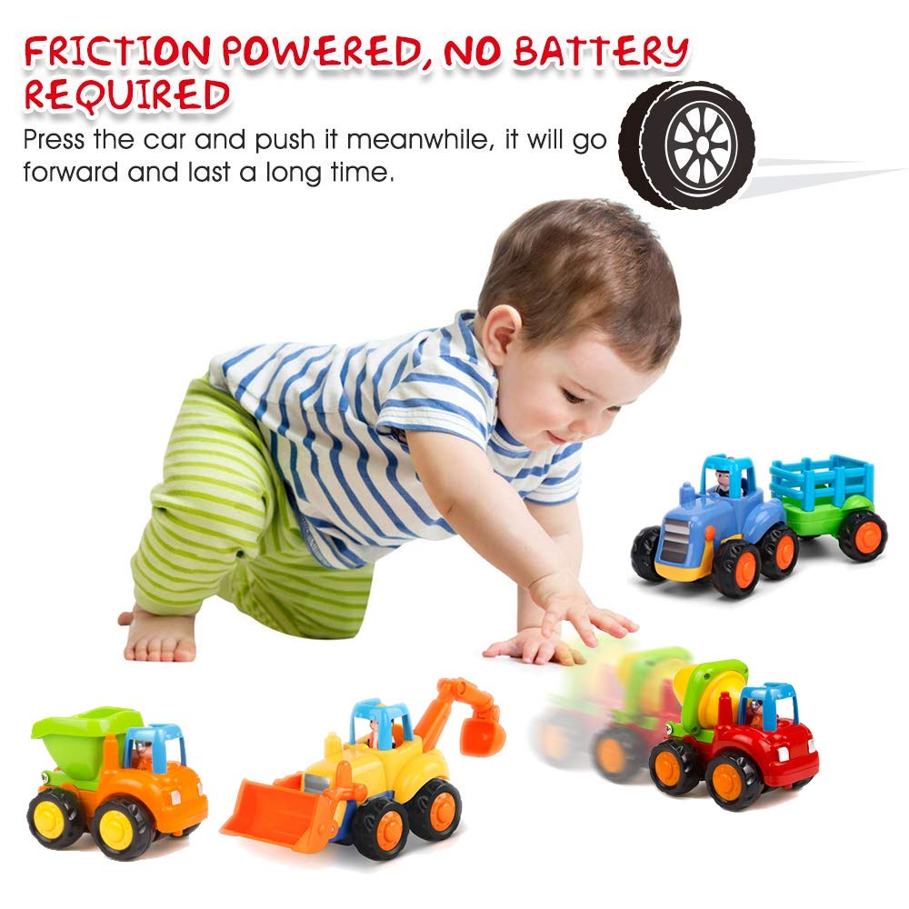 Friction Powered Cars Push and Go Trucks Construction Vehicles Toys Set of Tractor Bulldozer Dump Truck Cement Mixer for Baby Toddlers Infants Boys Gifts