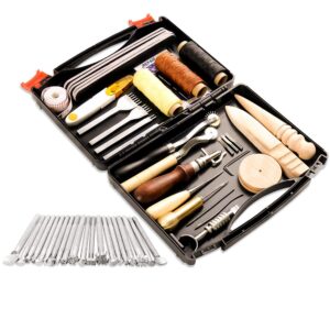 bagerla 50 pieces leather working tools and supplies with leather tool box prong punch edge beveler wax ropes needles perfect for stitching punching cutting sewing leather craft making