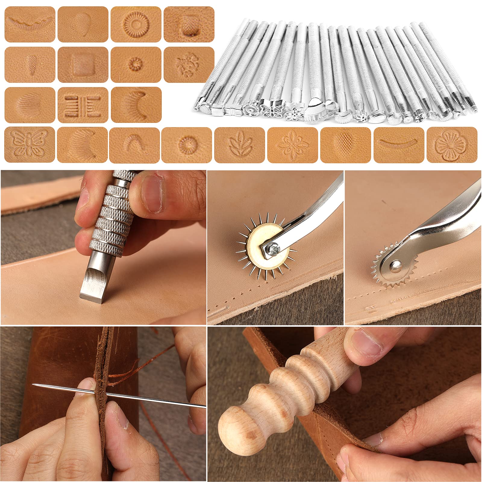 BAGERLA 50 Pieces Leather Working Tools and Supplies with Leather Tool Box Prong Punch Edge Beveler Wax Ropes Needles Perfect for Stitching Punching Cutting Sewing Leather Craft Making