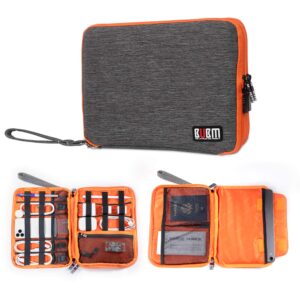 three layer electronics organizer and travel organizer for tablet, cables, and chargers. size xl fit up to 10" tablets. (grey and bright orange)