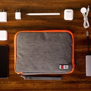 Three Layer Electronics Organizer and Travel Organizer for Tablet, Cables, and Chargers. Size XL Fit up to 10" Tablets. (Grey and Bright Orange)