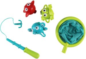 hape double fun fishing set | jumping sea creatures with net & detachable fishing pole handle