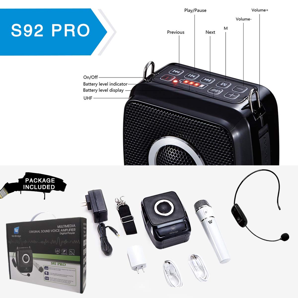 W WINBRIDGE S92 Pro Portable PA System -25W Bluetooth Speaker with Dual Wireless Microphones, Wireless Voice Amplifier with Headset Mic and Handheld Mic for Presentations, Teaching, Karaoke