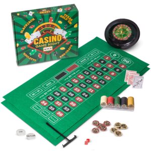 brybelly casino night 4-in-1 complete game set with felts, wheel, 100 chips, dice & cards for blackjack, craps, roulette & texas hold'em - green felt double sided casino tabletop gaming mat