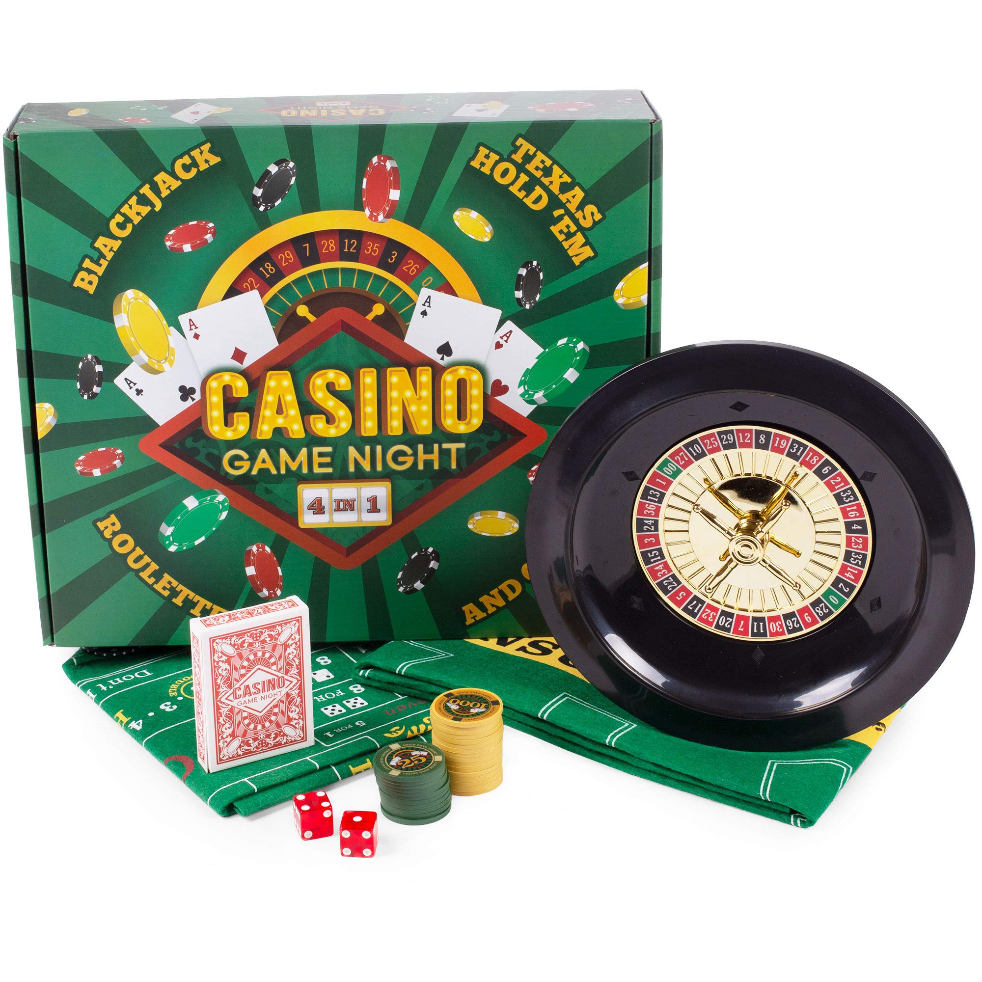 Brybelly Casino Night 4-in-1 Complete Game Set with Felts, Wheel, 100 Chips, Dice & Cards for Blackjack, Craps, Roulette & Texas Hold'em - Green Felt Double Sided Casino Tabletop Gaming Mat