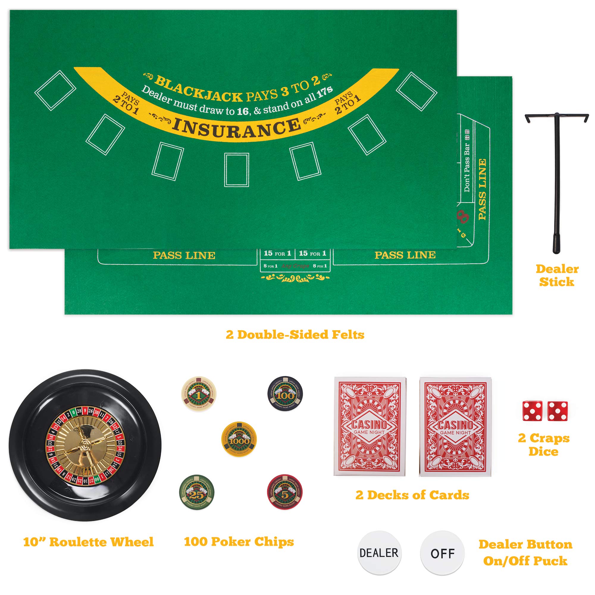 Brybelly Casino Night 4-in-1 Complete Game Set with Felts, Wheel, 100 Chips, Dice & Cards for Blackjack, Craps, Roulette & Texas Hold'em - Green Felt Double Sided Casino Tabletop Gaming Mat