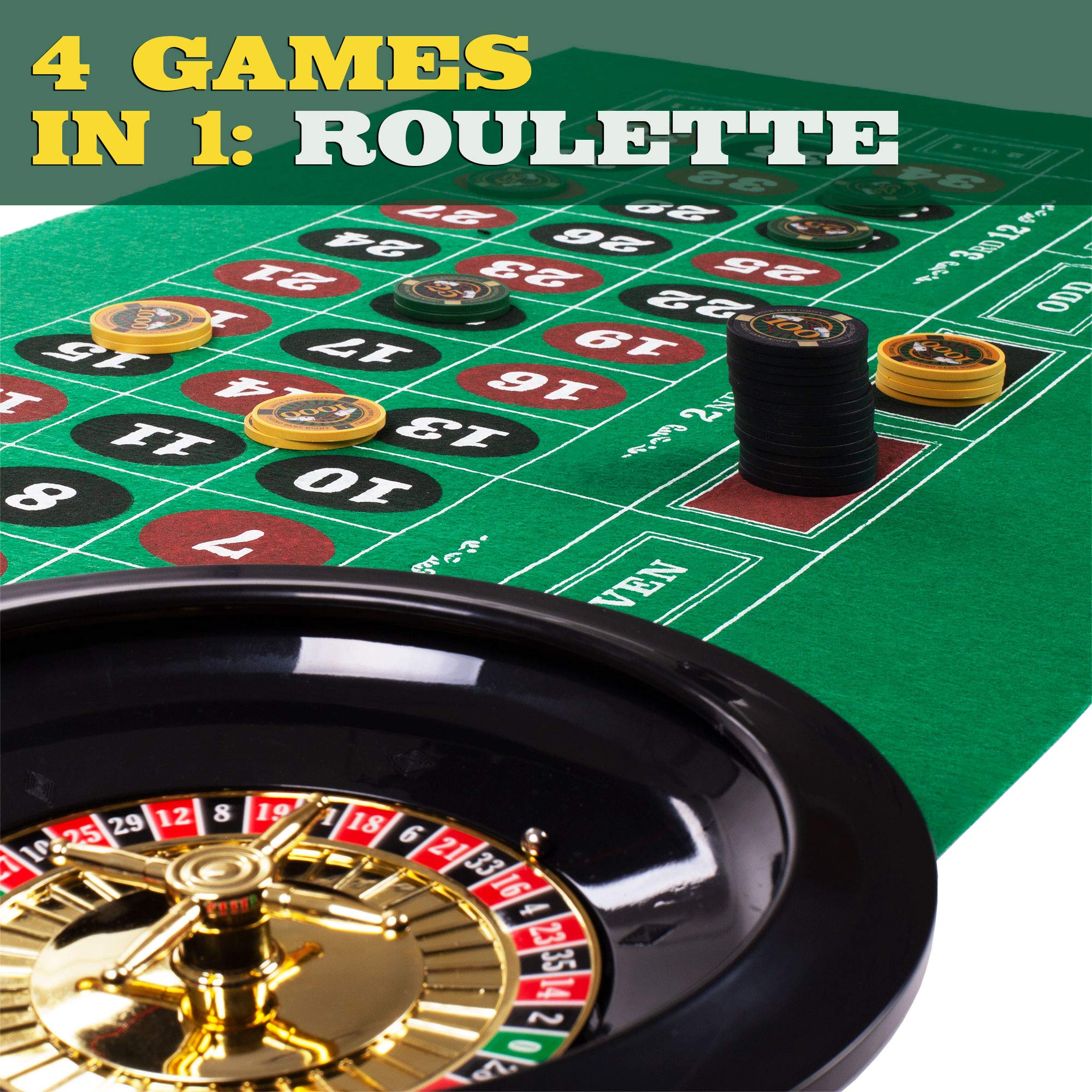 Brybelly Casino Night 4-in-1 Complete Game Set with Felts, Wheel, 100 Chips, Dice & Cards for Blackjack, Craps, Roulette & Texas Hold'em - Green Felt Double Sided Casino Tabletop Gaming Mat